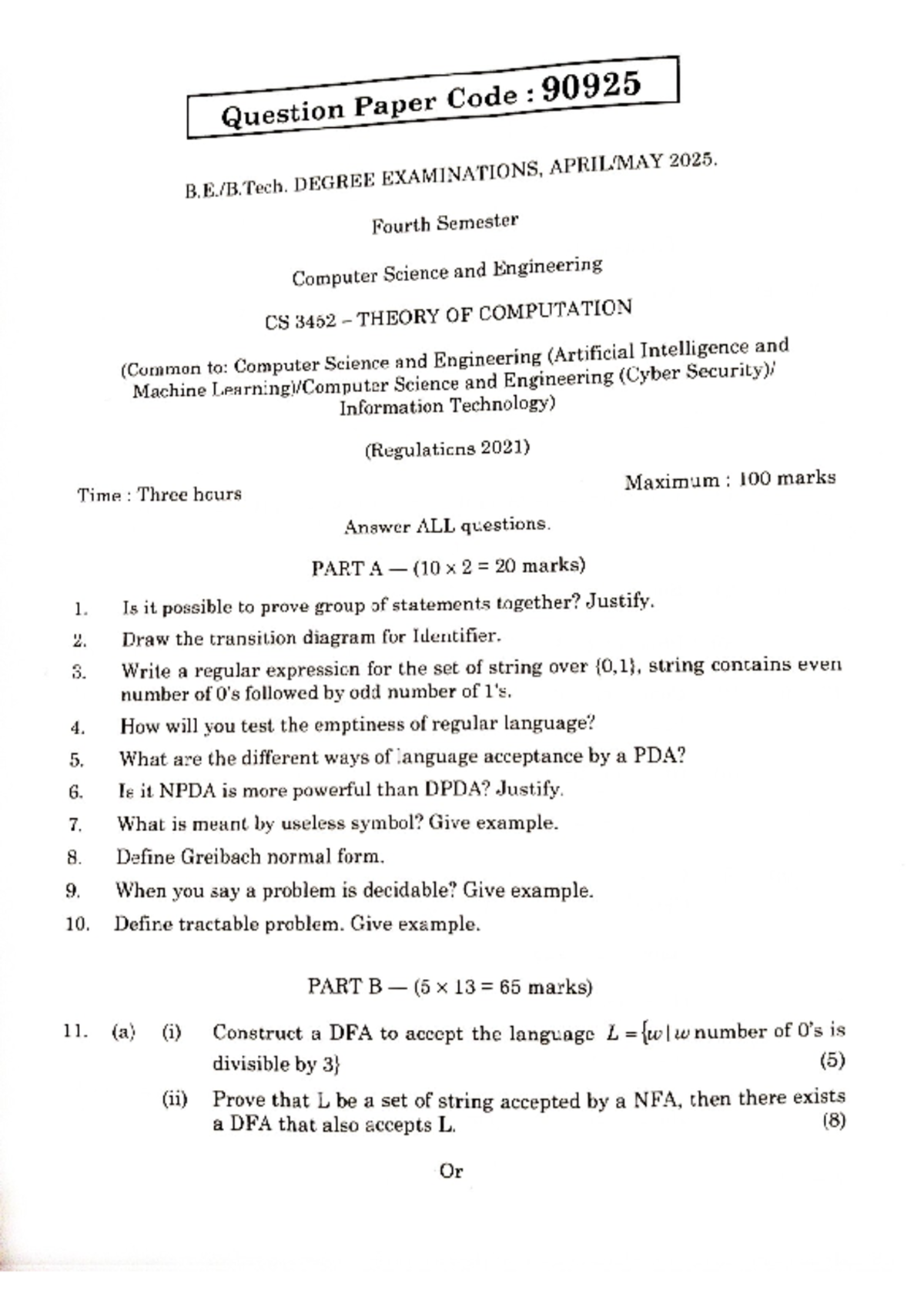 CS 3452 Theory of Computation QP April-May 2025 - Studocu