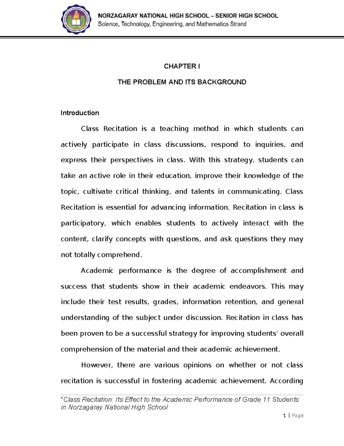 Group 4 - Chapter 1 - Final Research on Class Recitation's Impact - Studocu