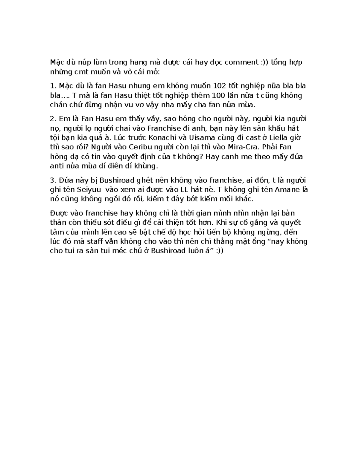Tổng hợp những bình luận nóng về Fan Hasu và Franchise - Studocu