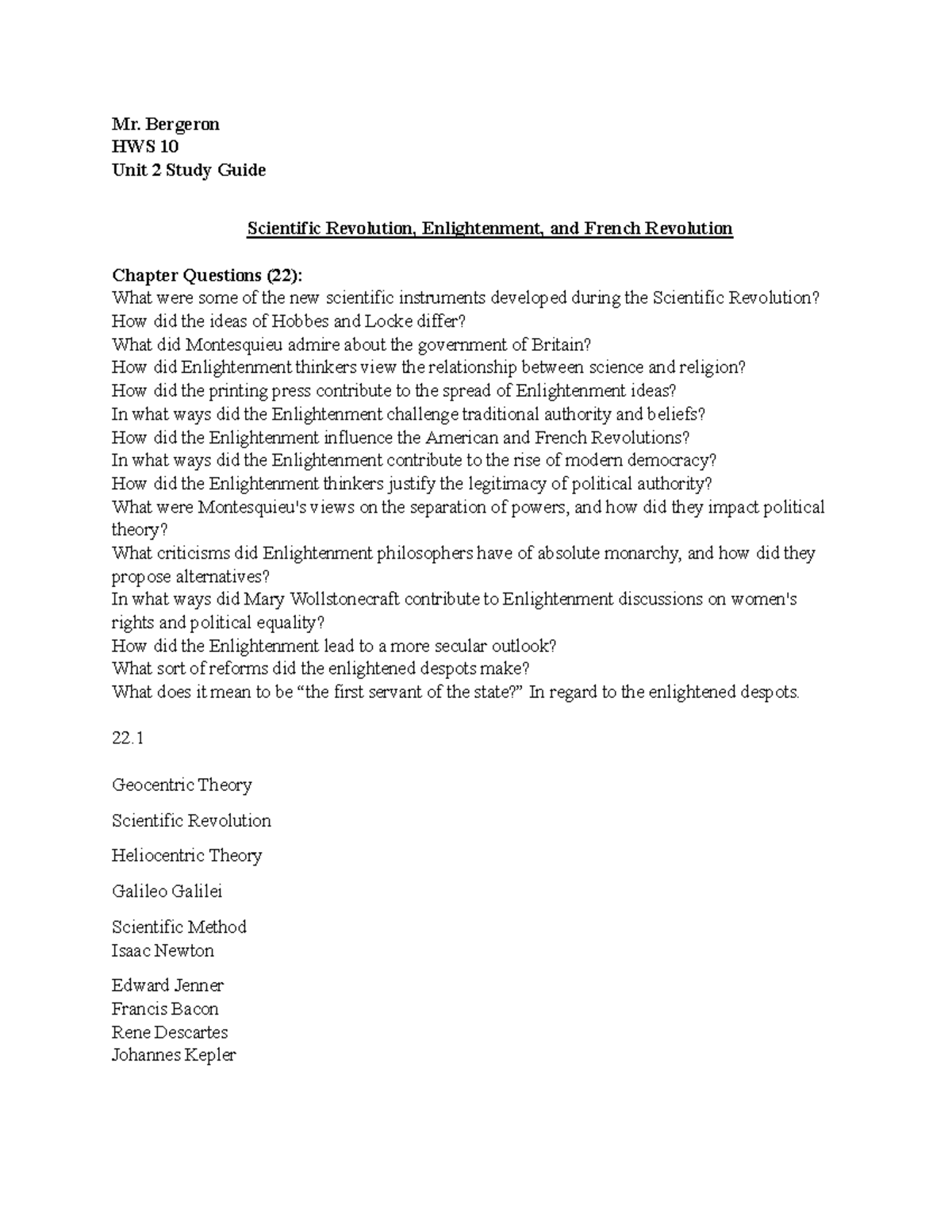HWS 10 Unit 2 Study Guide: Scientific Revolution & French Revolution ...