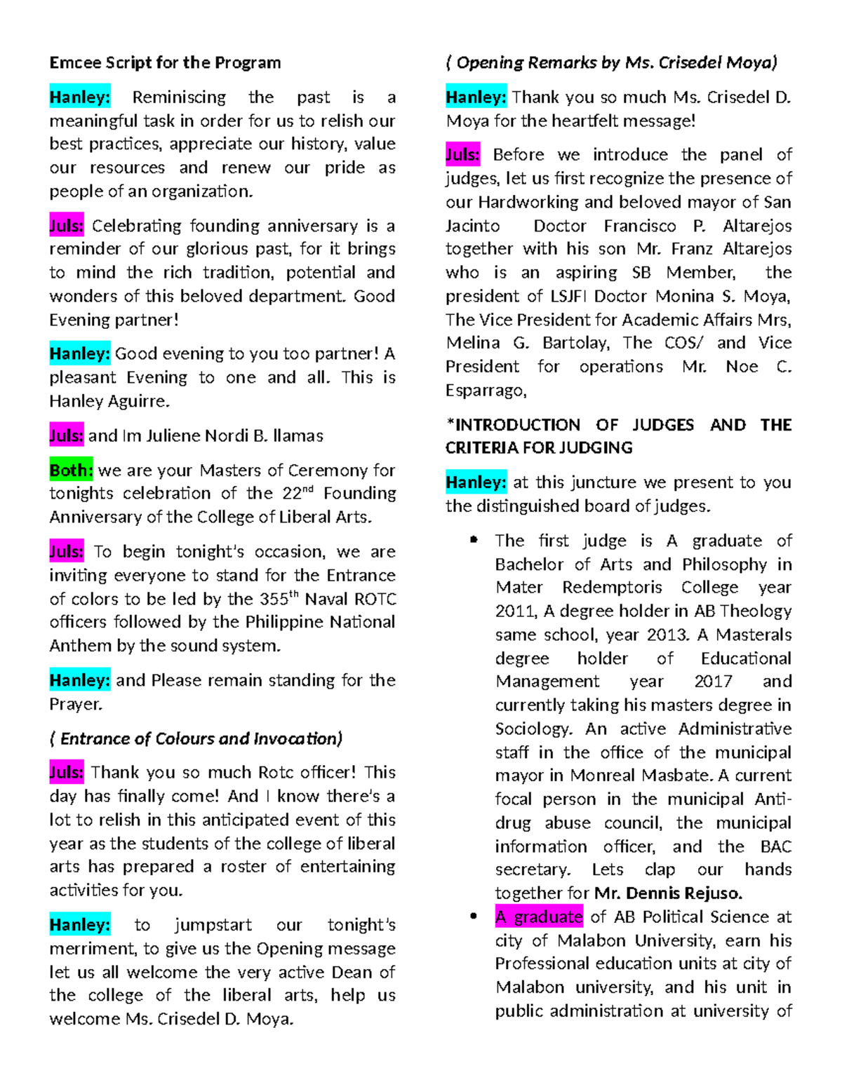Emcee Script for the 22nd Founding Anniversary Celebration of CLA - Studocu