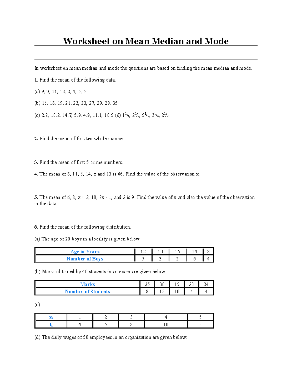 Worksheet on Mean Median and Mode - Find the mean of the following data ...