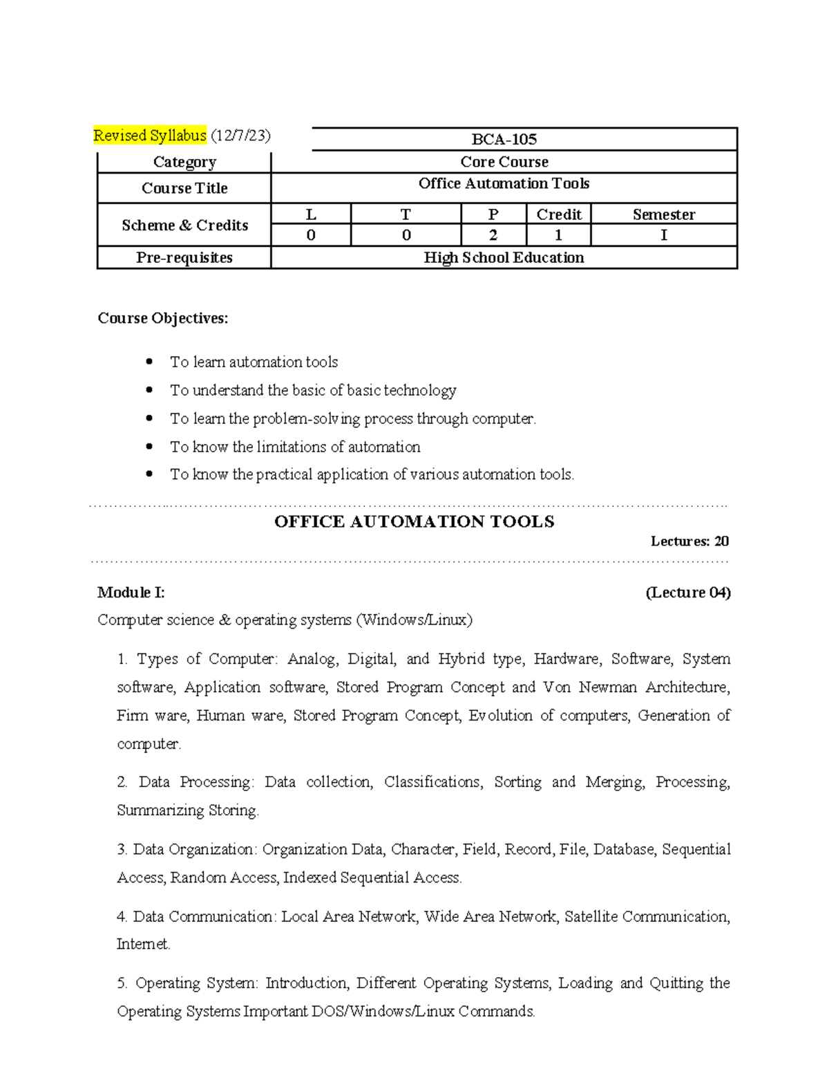 Revised Syllabus for BCA-105: Office Automation Tools Course - Studocu