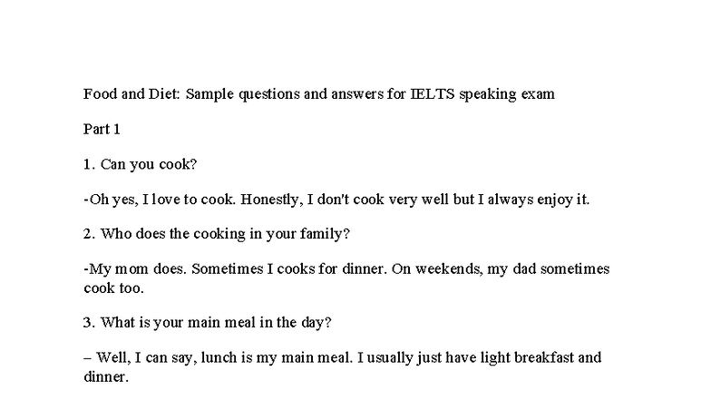 Food and Diet: IELTS Speaking Exam Sample Q&A on Cuisine - Studocu