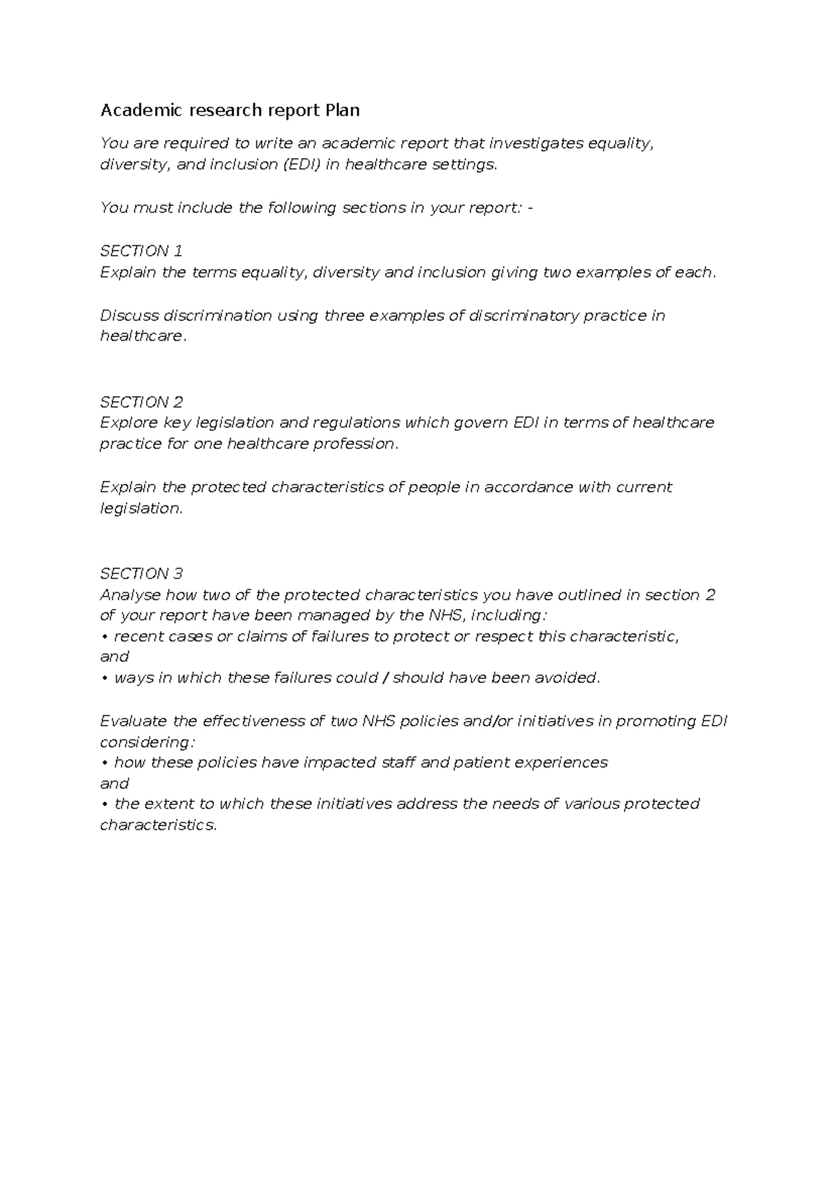 Academic Report Plan: EDI in Healthcare Settings (Course Code: EDI101 ...