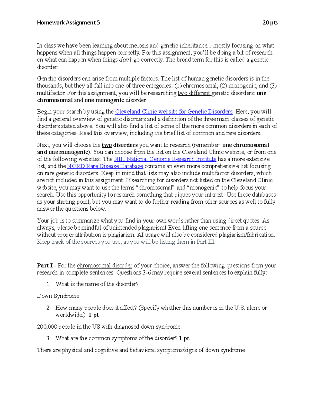 Genetic Disorders Research Assignment (HW 20 pts) - Studocu