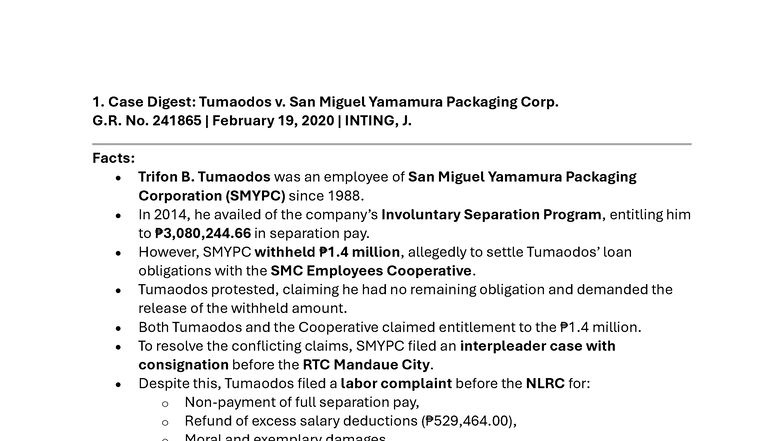 Case Digest: Labor Laws & Legislation Cases (G.R. Nos. 241865, 162419 ...