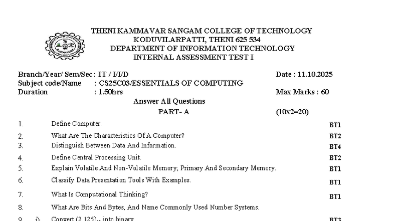 IAT EOC IT - Internal Assessment Test I: Computing Questions - Studocu