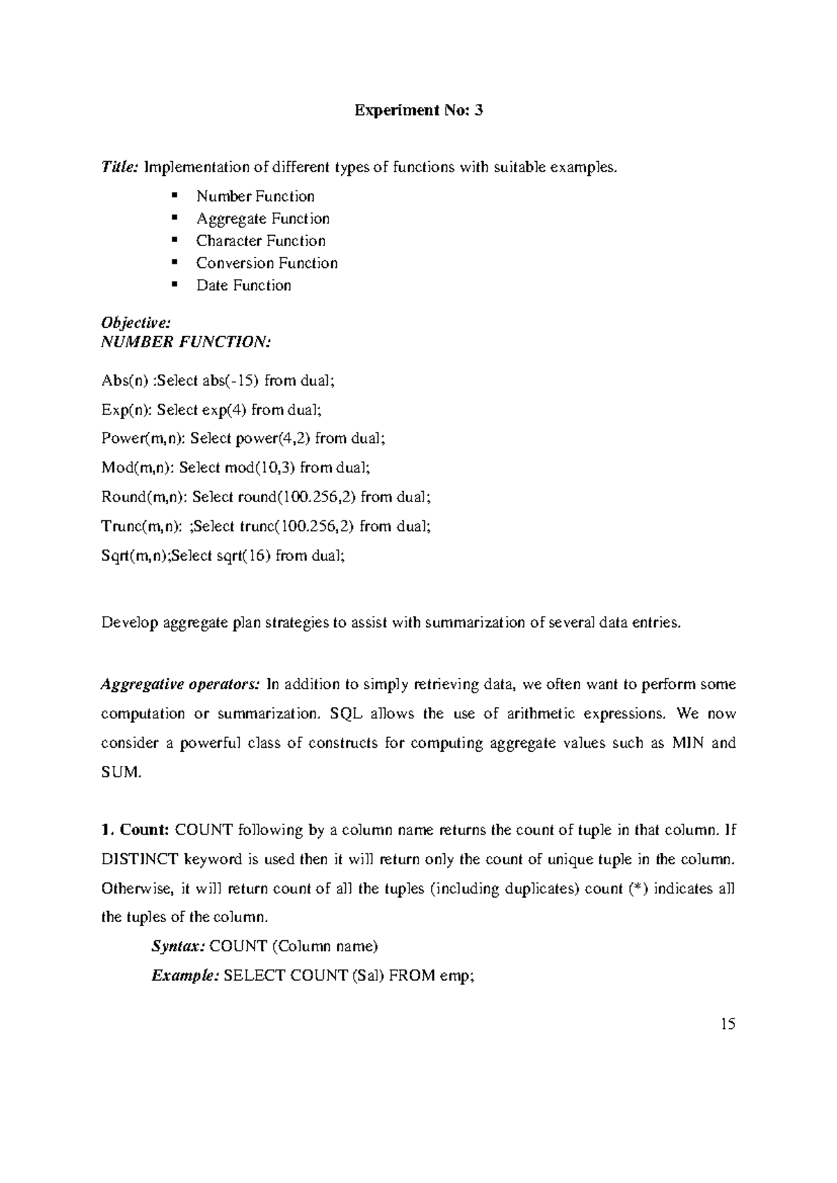 DBMS-LAB EX4: Implementation of SQL Functions with Examples - Studocu