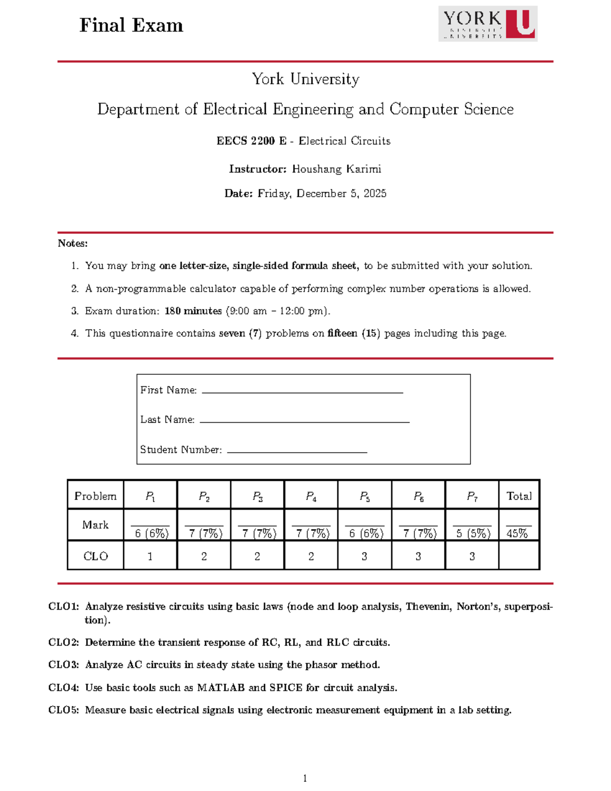 Final Exam Notes for EECS 2200 E: Electrical Circuits - Fall 2025 - Studocu