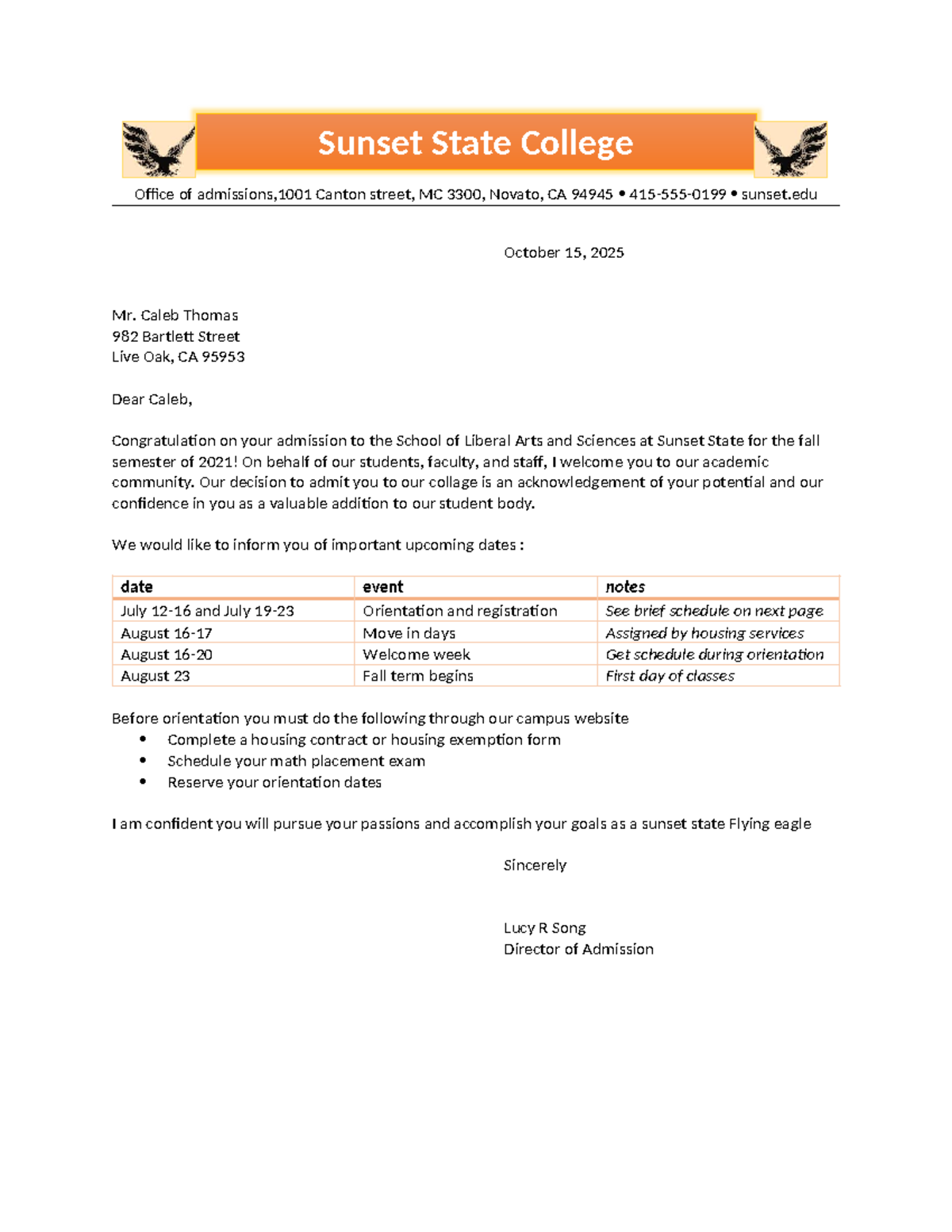 SC WD 3 Thomas Welcome Letter - Sunset State Admission 2021 - Studocu