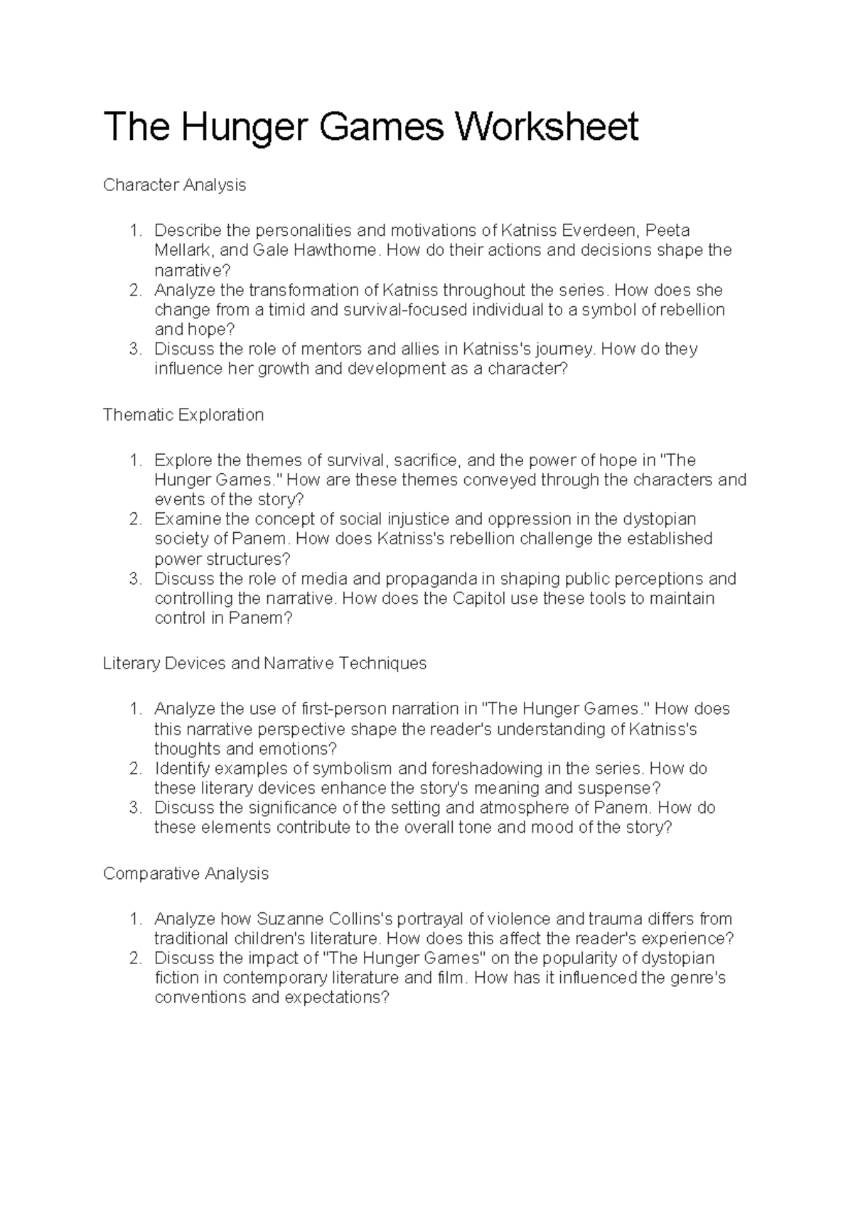 The Hunger Games Worksheet - The Hunger Games Worksheet Character ...