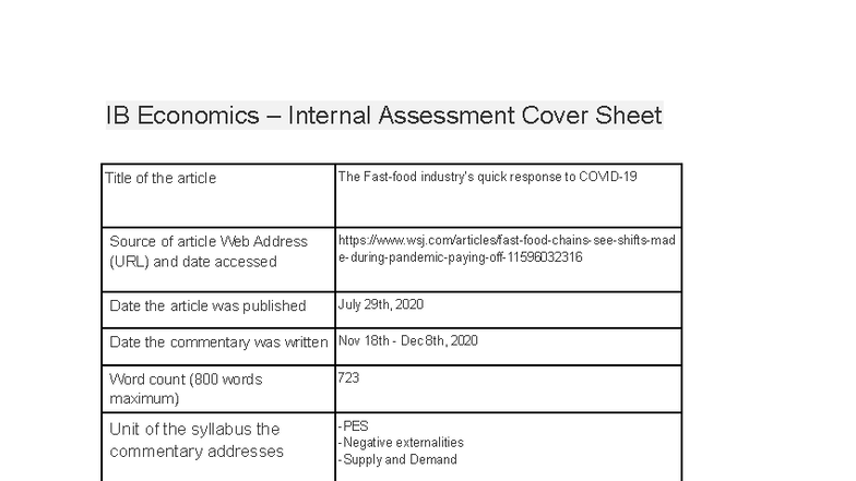 IB Economics IA: Impact of COVID-19 on Fast Food Demand & Externalities ...