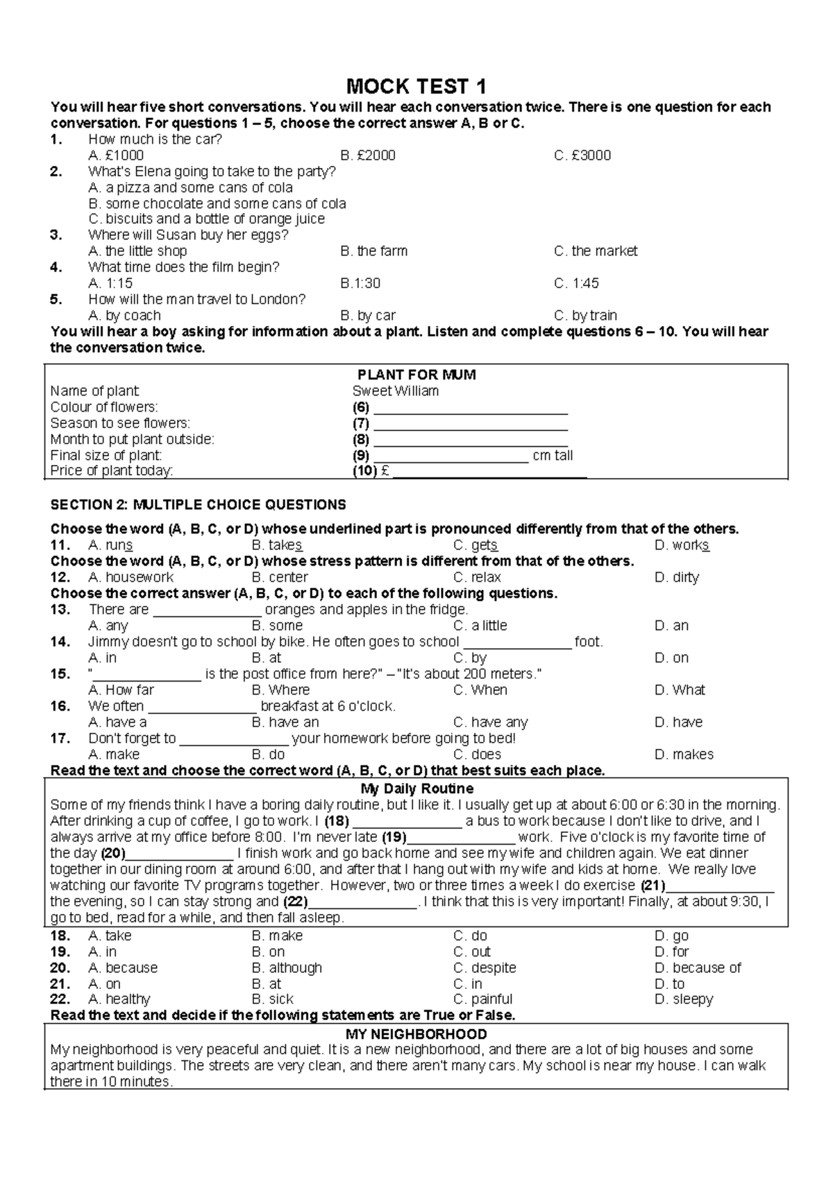 MOCK TEST 1 - MOCK TEST 1 - Practice materials for MIDTERM TEST grade 6 ...