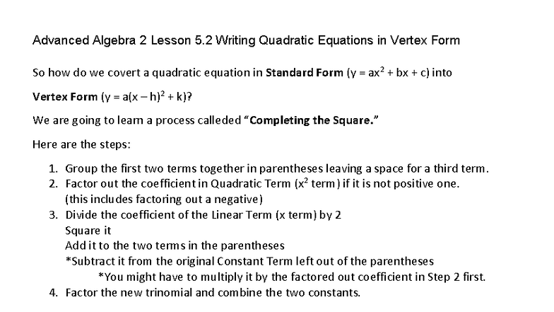 Advanced Algebra 2 Lesson 5.2: Converting to Vertex Form - Studocu