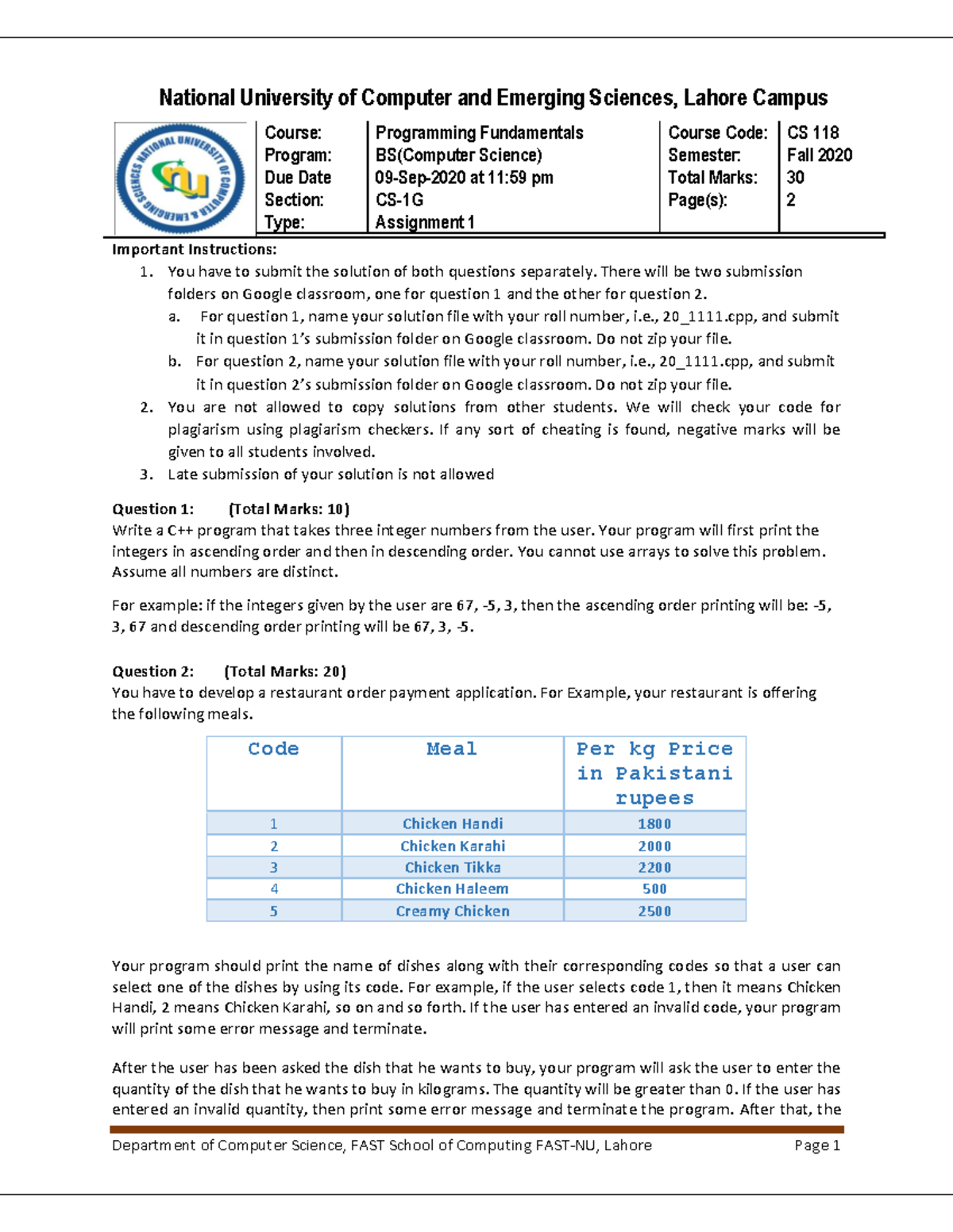 Assignment 1 - programming fundamentals...First assigment - Department of Computer Science, FAST ...