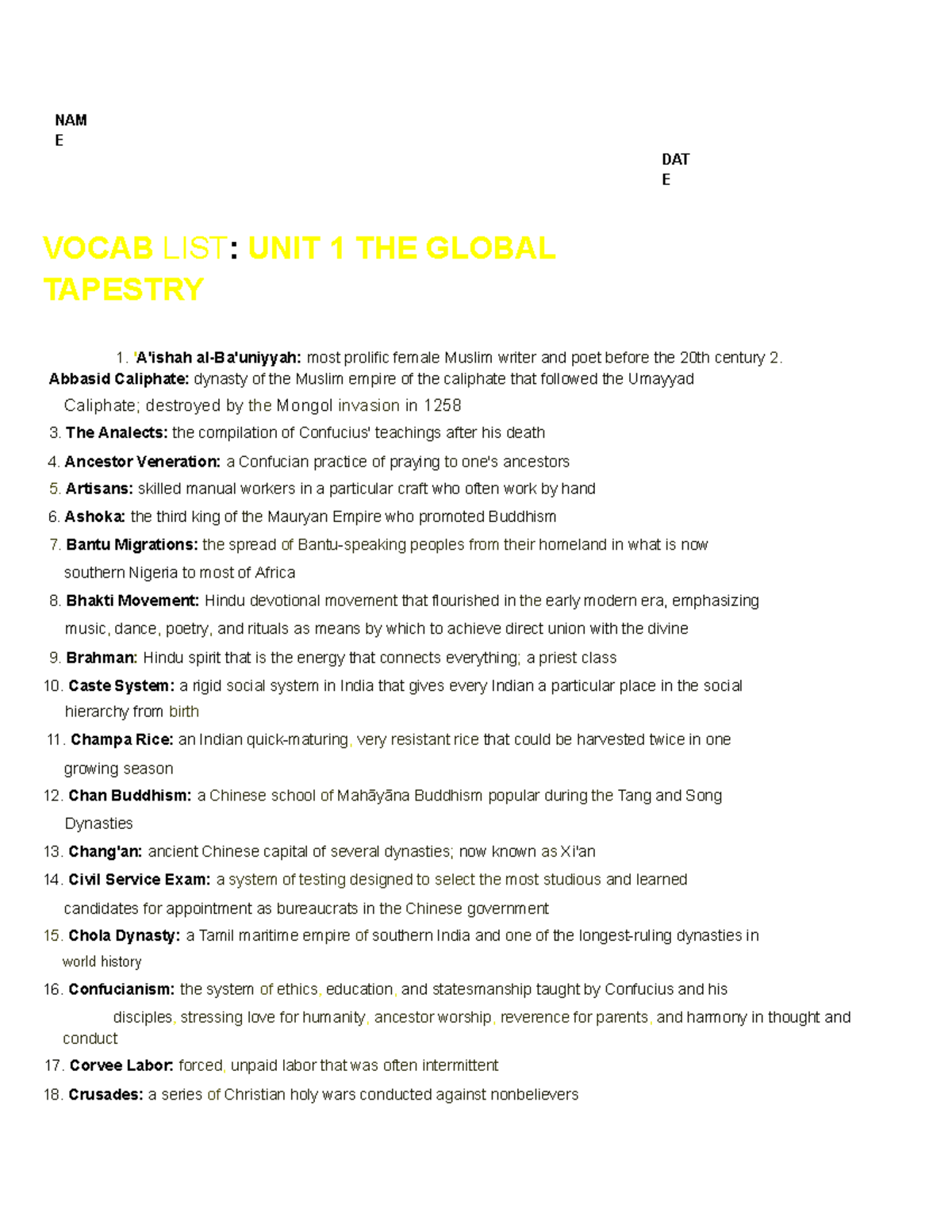 NAM E DAT E VOCAB LIST: UNIT 1 - THE GLOBAL TAPESTRY - Studocu