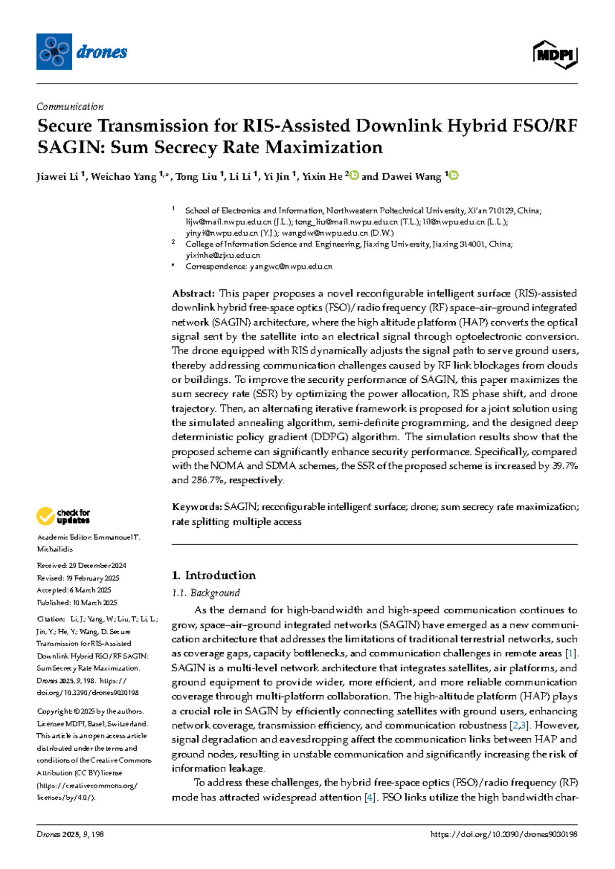 Secure Transmission in Downlink Hybrid SAGIN: SSR Maximization (Drones ...