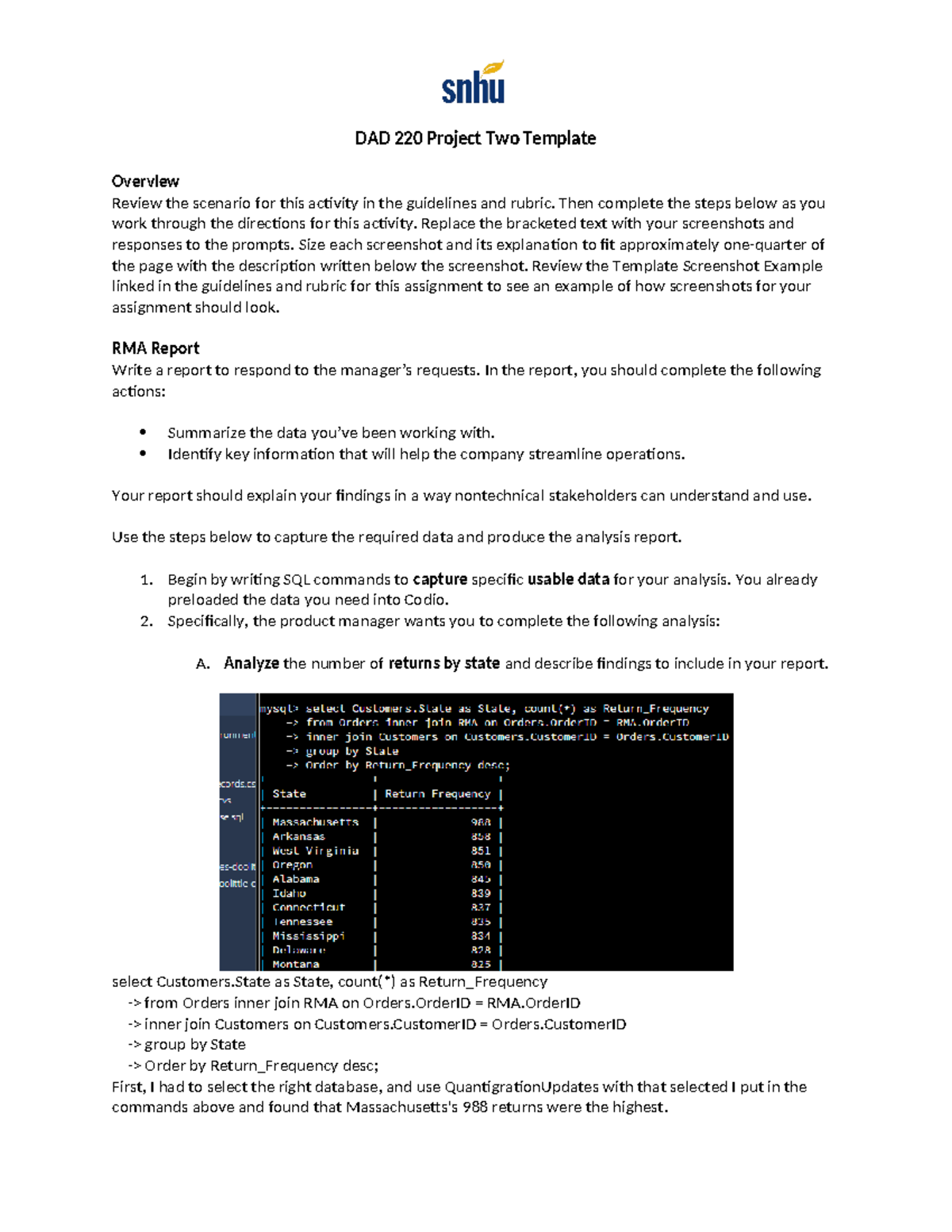 DAD 220 Project Two Analysis Report Template and Instructions - Studocu
