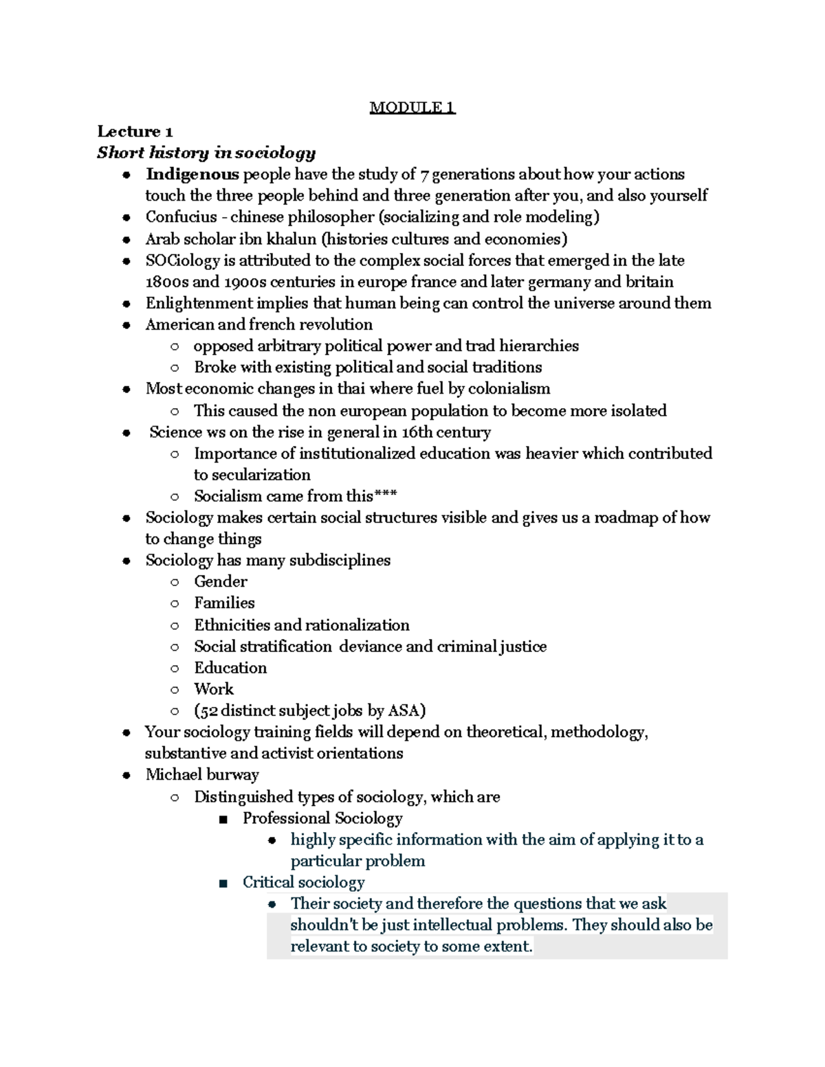 SOCI Notes - Soci - MODULE 1 Lecture 1 Short history in sociology ...