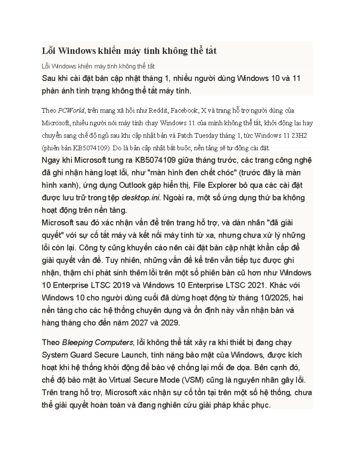 Lỗi Windows 11 không thể tắt sau bản cập nhật KB5074109 - Studocu