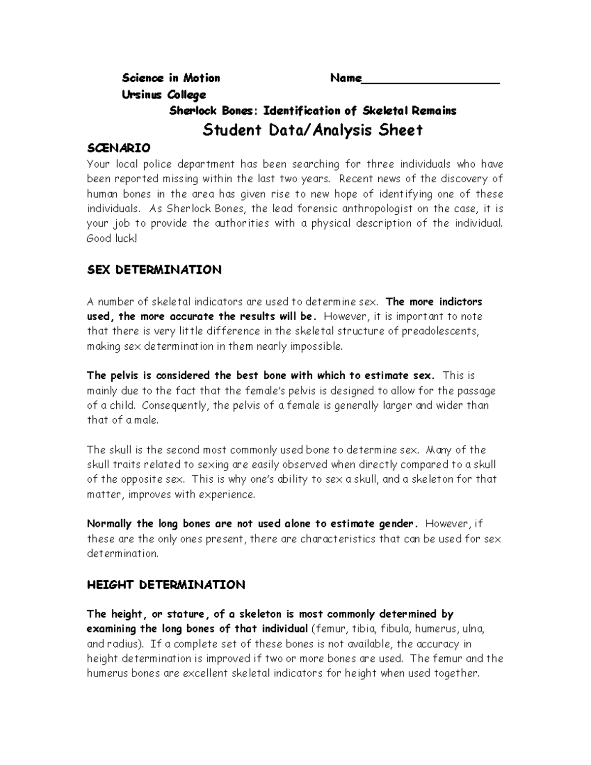 Sherlock Bones: Forensic Identification of Skeletal Remains - SCENARIO ...