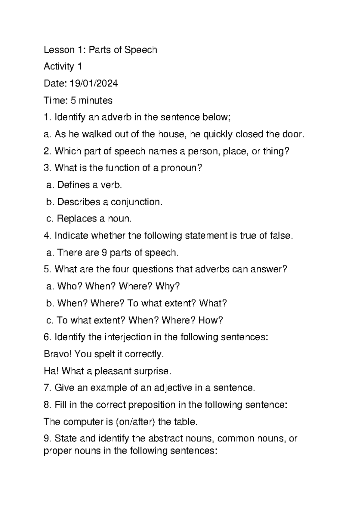 Grade 10 Lesson 1: Parts of Speech Activity Guide - Studocu