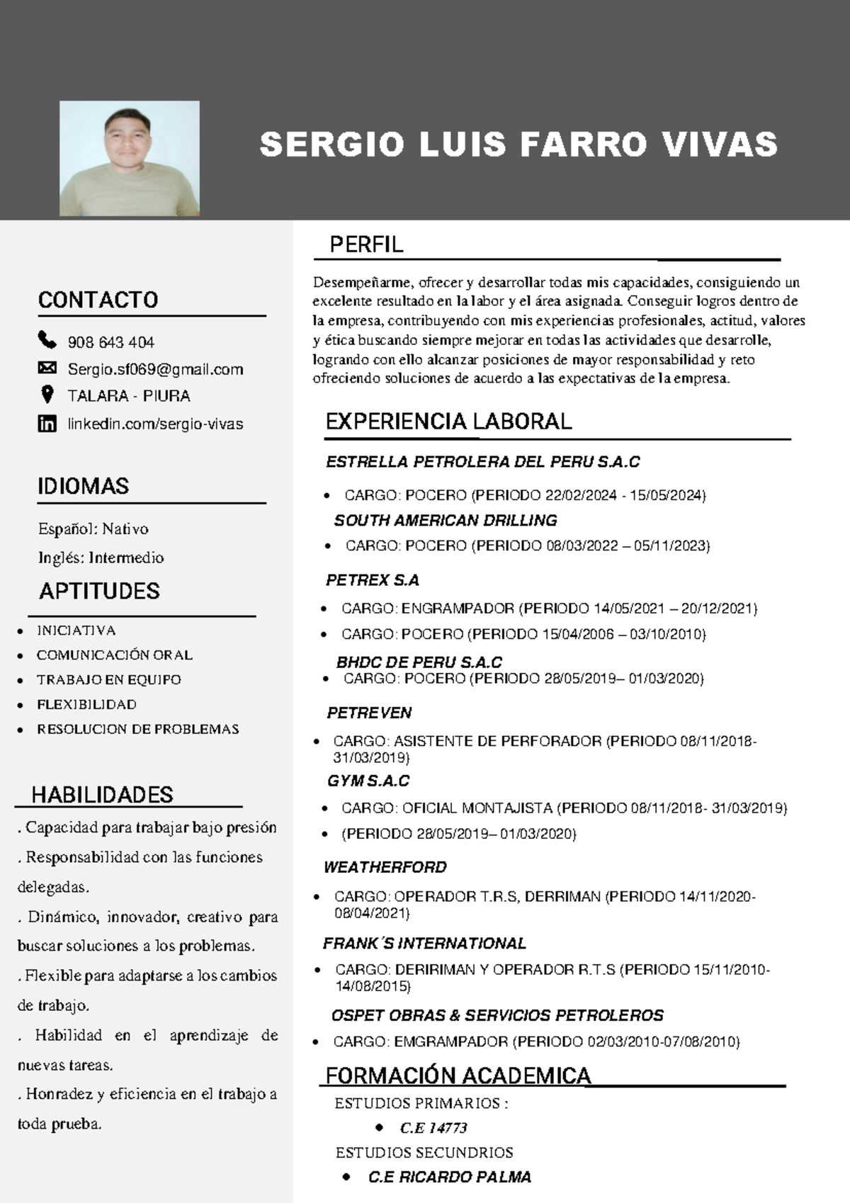 CV sergio vivas NO Cumple PERF DE Petroleo - ©AZURIUS – Modelos-de-curriculum SERGIO LUIS FARRO ...
