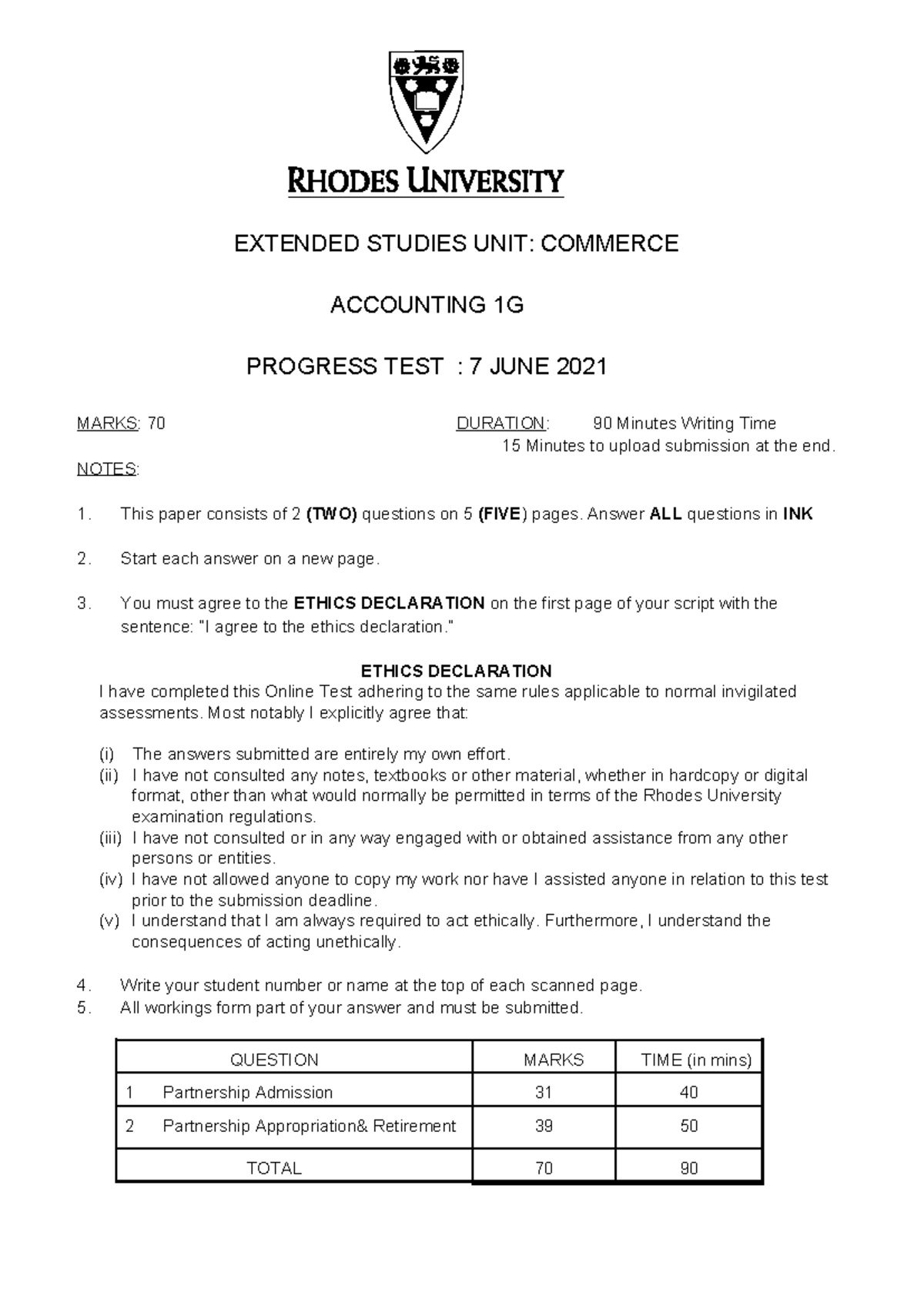 Acc 1G Progress Test: Commerce Accounting - 7 June 2021 - Studocu