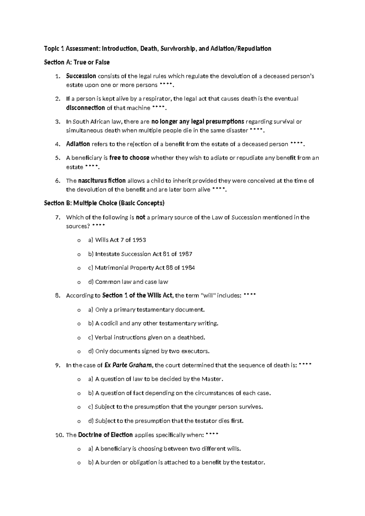 Succession Law Practice Test: Assessment & Questions - Studocu