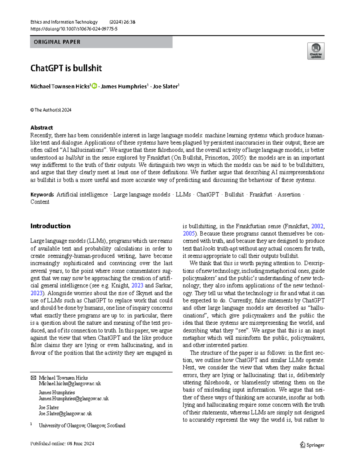 Ethics and Information Technology (2024) - ChatGPT as Bullshit - Studocu