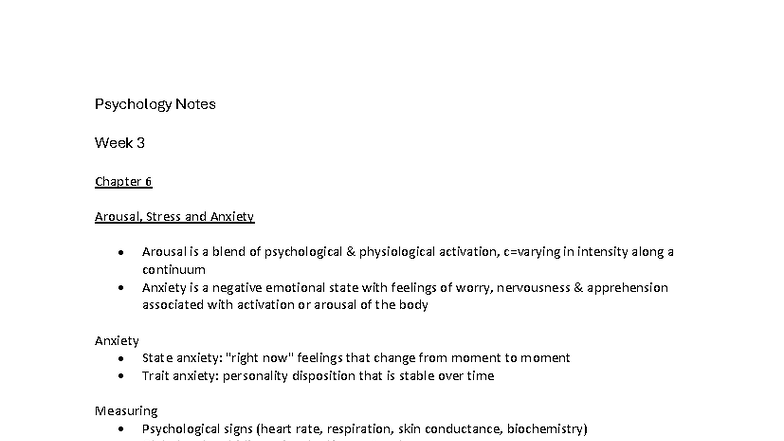Psychology Notes PSY 101 Week 3-8: Arousal, Stress, and Motivation ...
