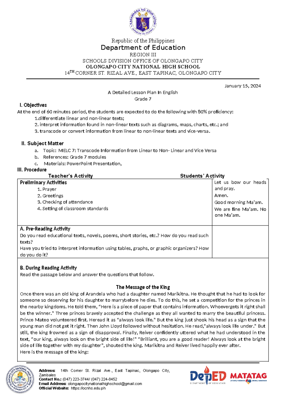 Detailed Lesson Plan on Linear and Non-Linear Texts for Grade 7 - Studocu