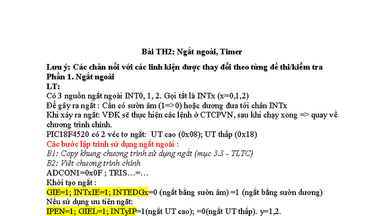 Bài TH2: Ngắt Ngoài và Timer trong PIC18F4520 - Studocu