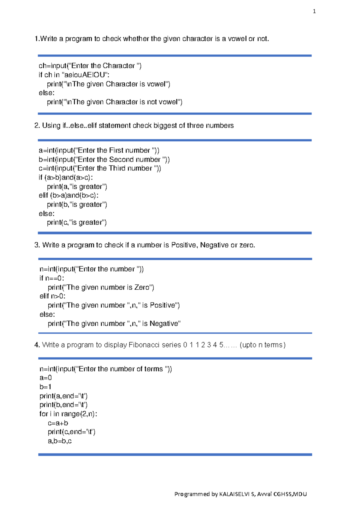 Python Programs - KALAISELVI S - Practice Exercises - Studocu