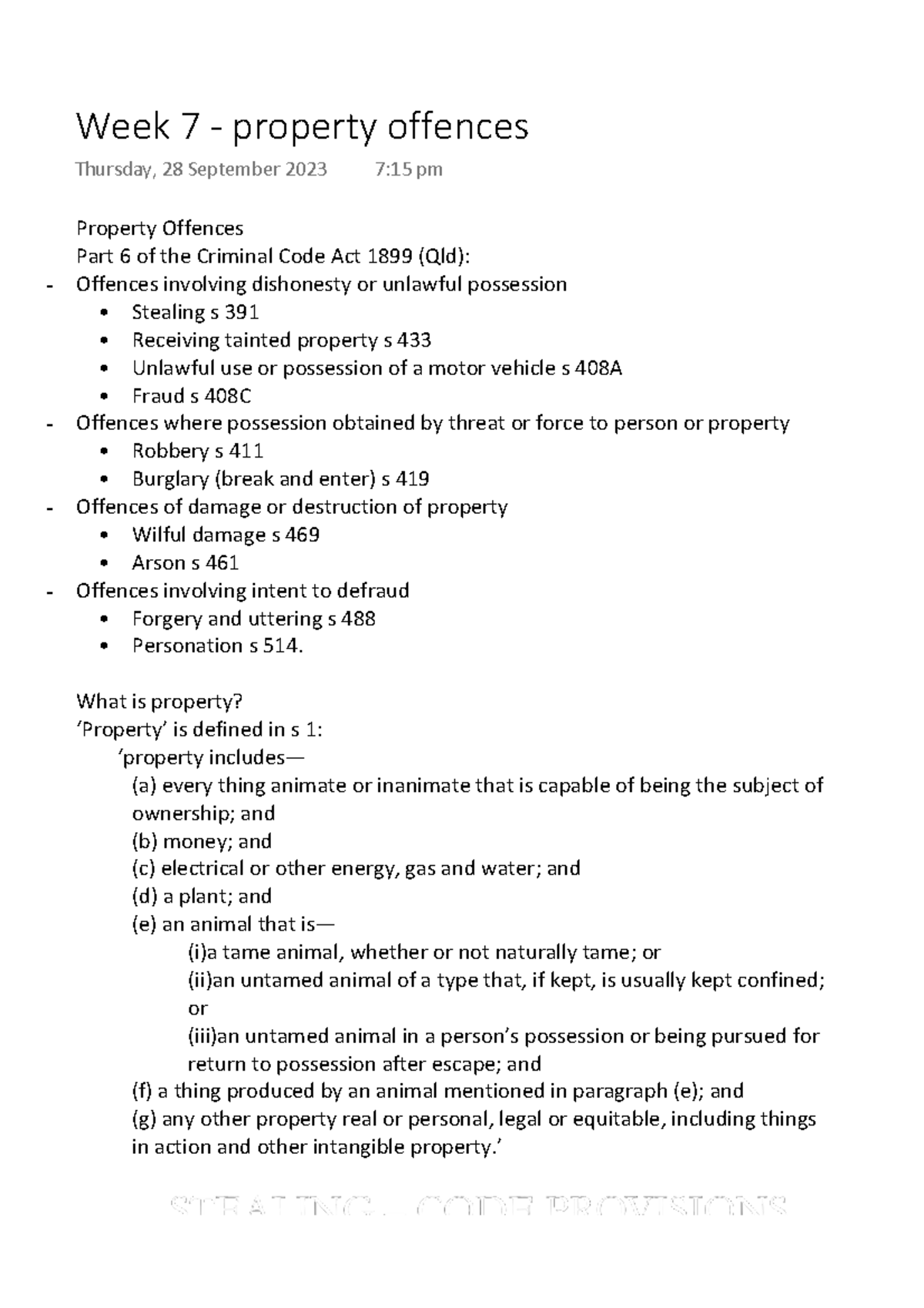 Week 7 - property offences overview and key legal definitions - Studocu