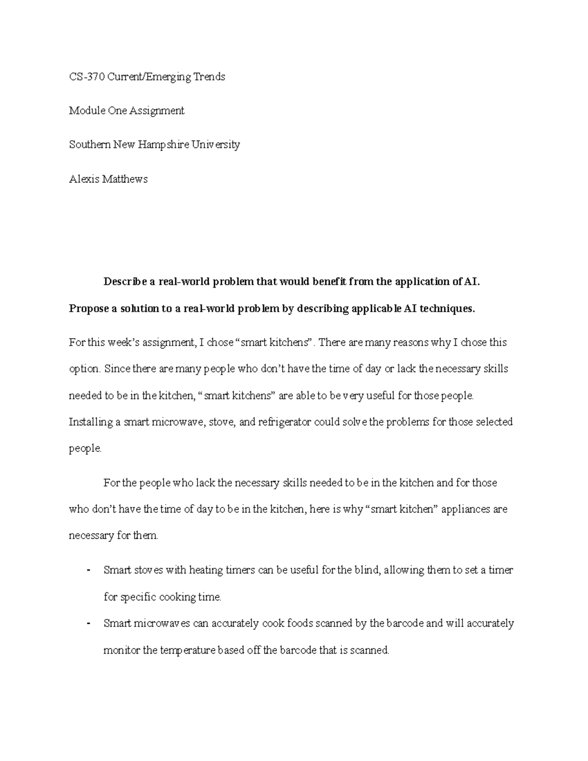 CS-370 Module One Assignment: AI Solutions for Kitchen Accessibility ...