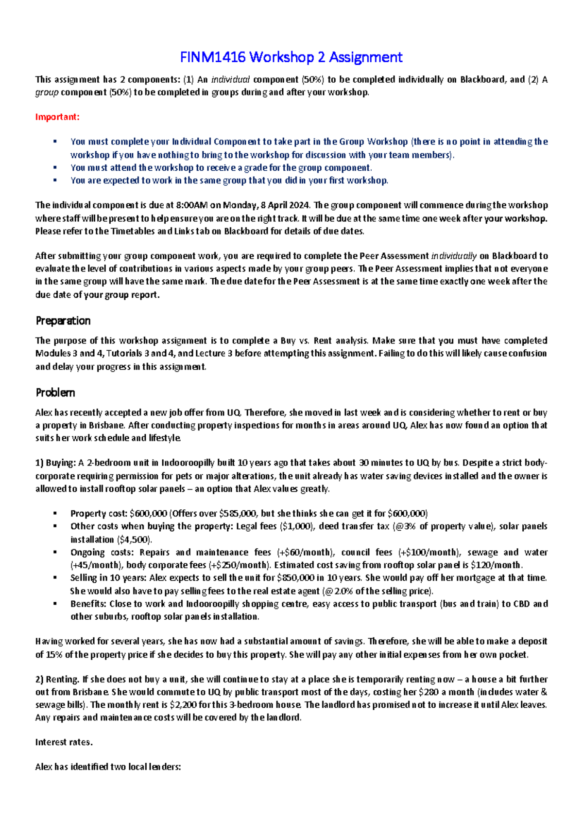 FINM1416 Workshop 2: Buy vs. Rent Analysis Assignment Guide - Studocu