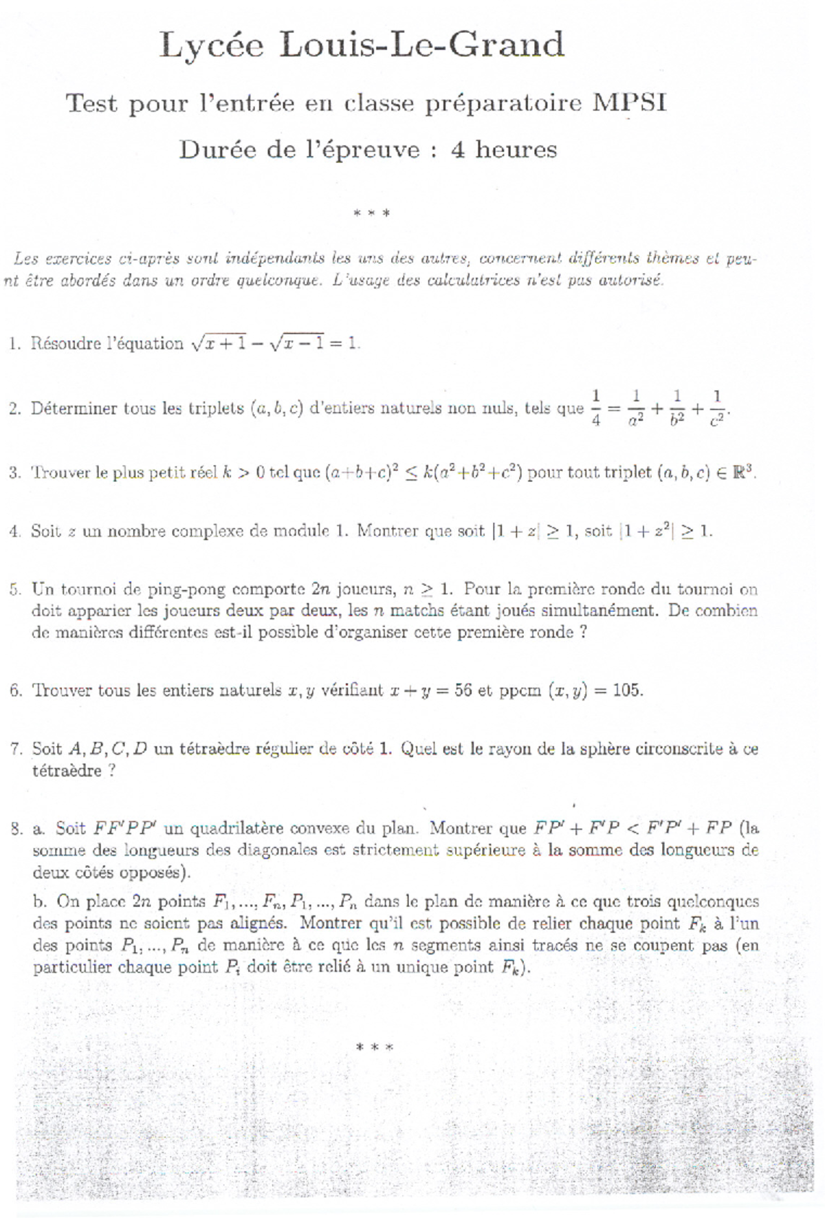 Louis 1 - Test d'entrée classe préparatoire MPSI - Maths DST TS1 - Studocu