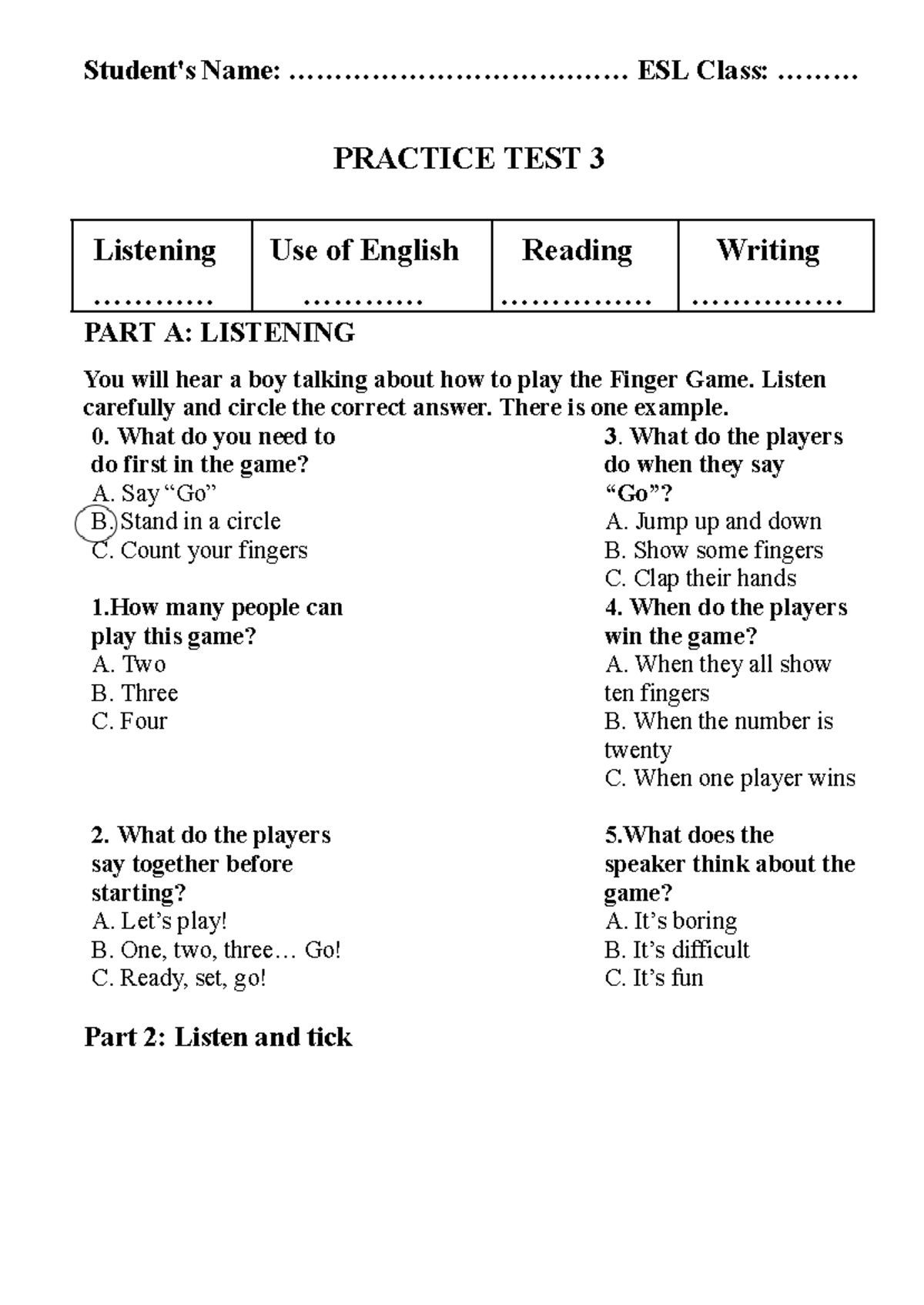 ESL Class: PRACTICE TEST 3 Listening & Reading Activities - Studocu