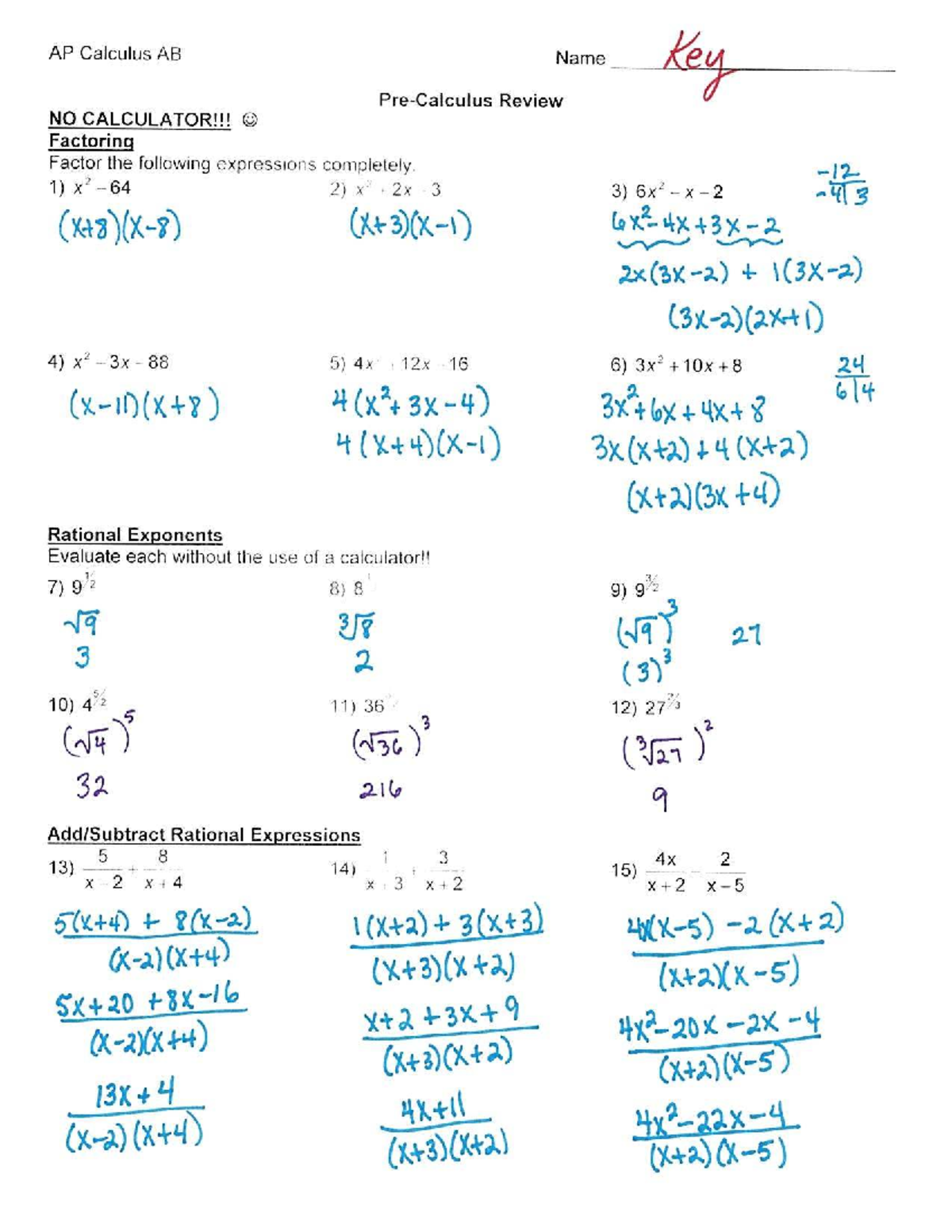 AP Calculus AB Review Key: Factoring, Exponents & Functions - Studocu