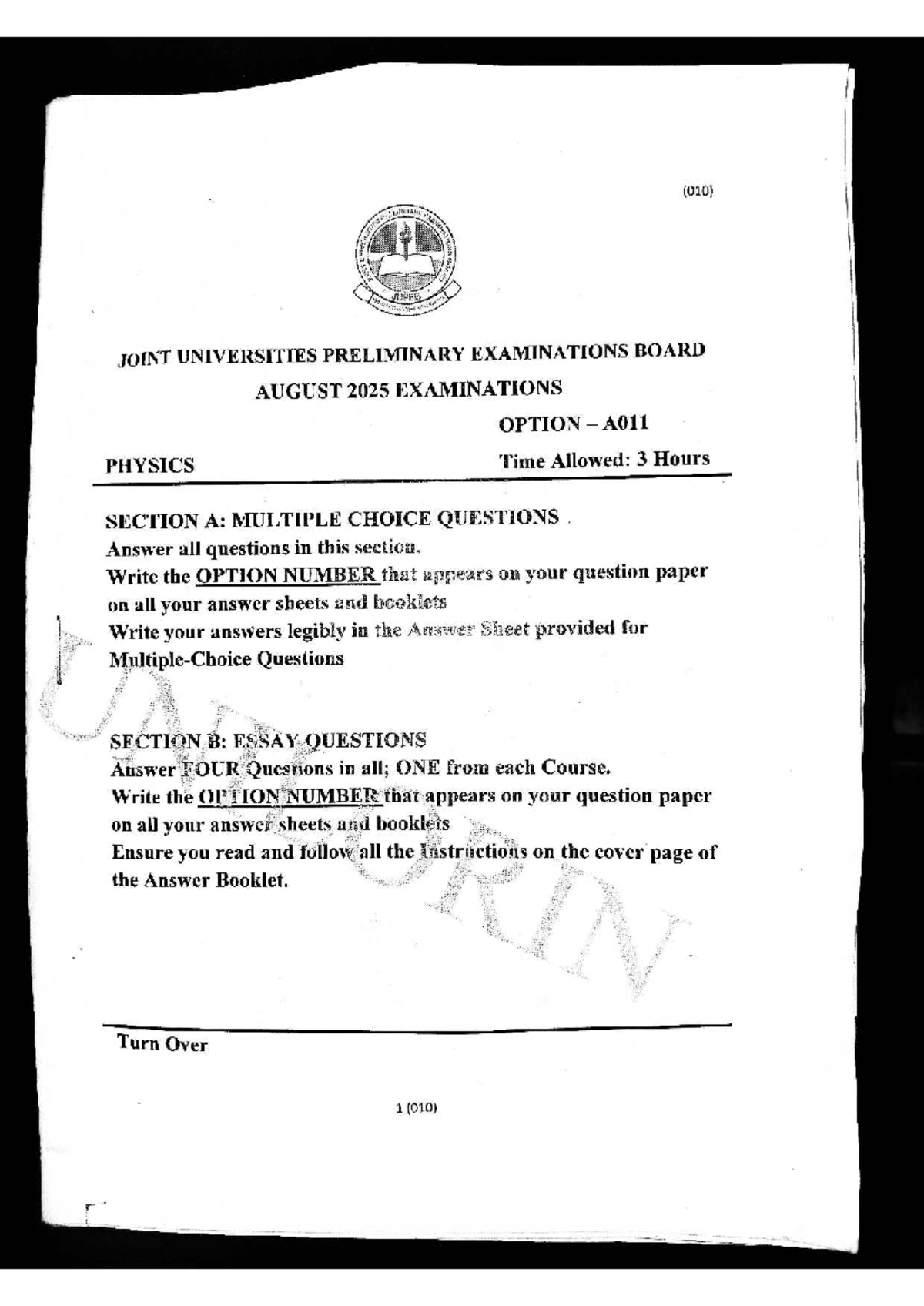 Physics JUPEB 2025 Preliminary Exam - Option A011 - Studocu