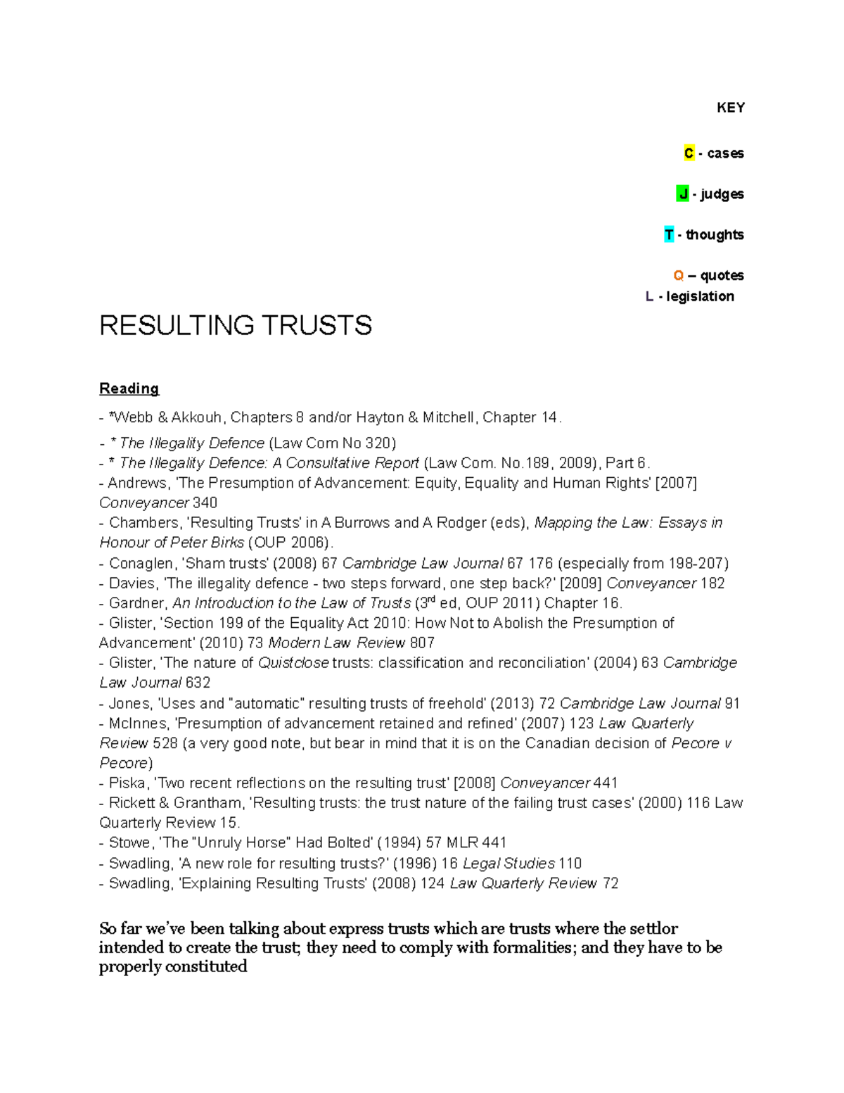 Resulting Trusts: Understanding Legal Frameworks and Key Cases - Studocu