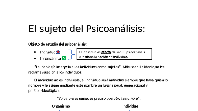 El sujeto del Psicoanálisis: Resumen y Análisis Crítico - Studocu