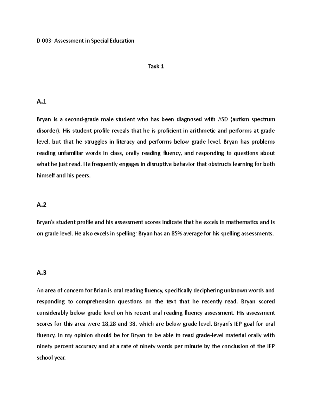 Assessment in Special Education for Bryan with ASD - Studocu