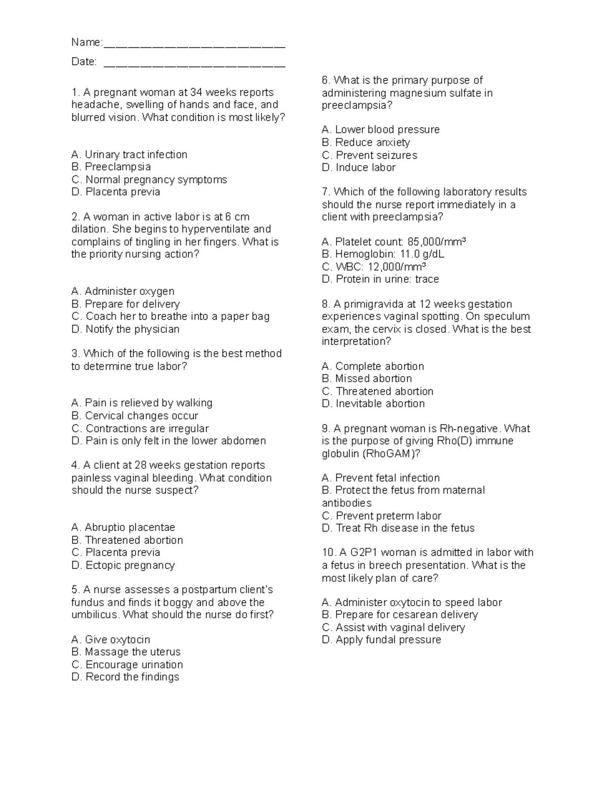 CBQ - Board Exam Review Questions for Maternal Health Nursing - Studocu