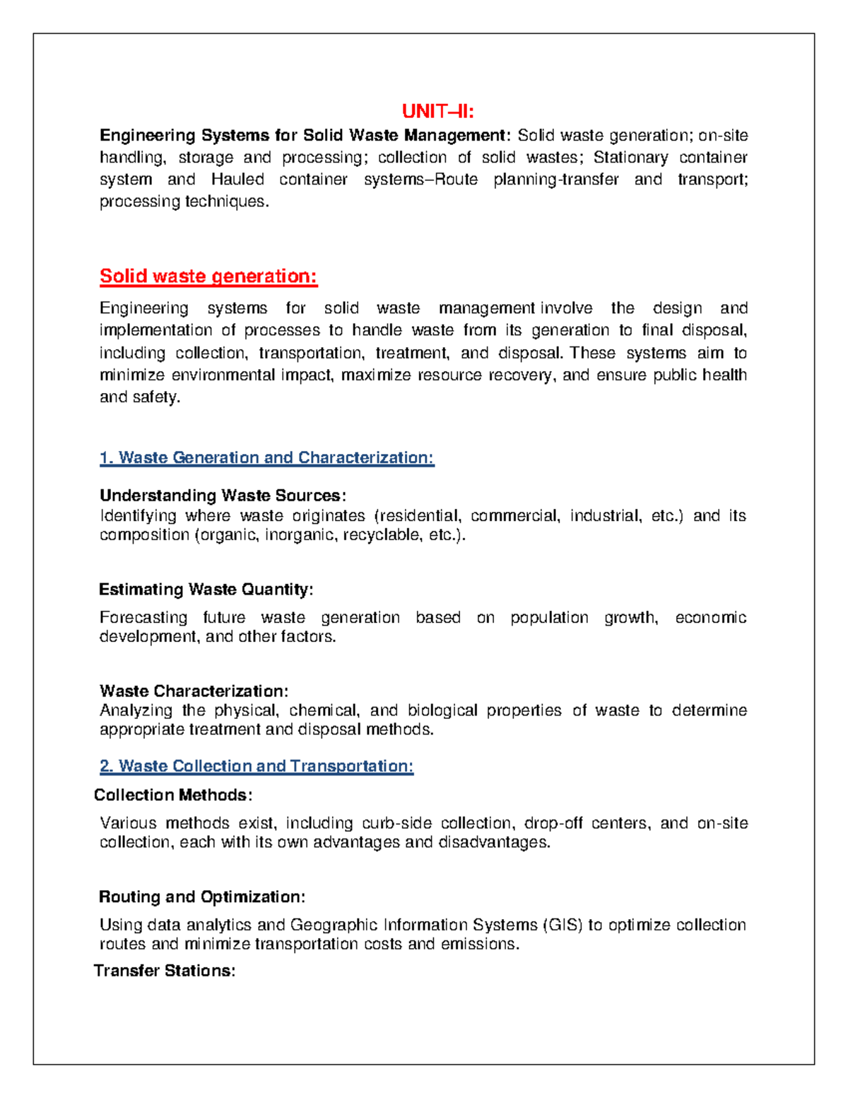 SWM UNIT-II: Engineering Systems for Solid Waste Management - Studocu