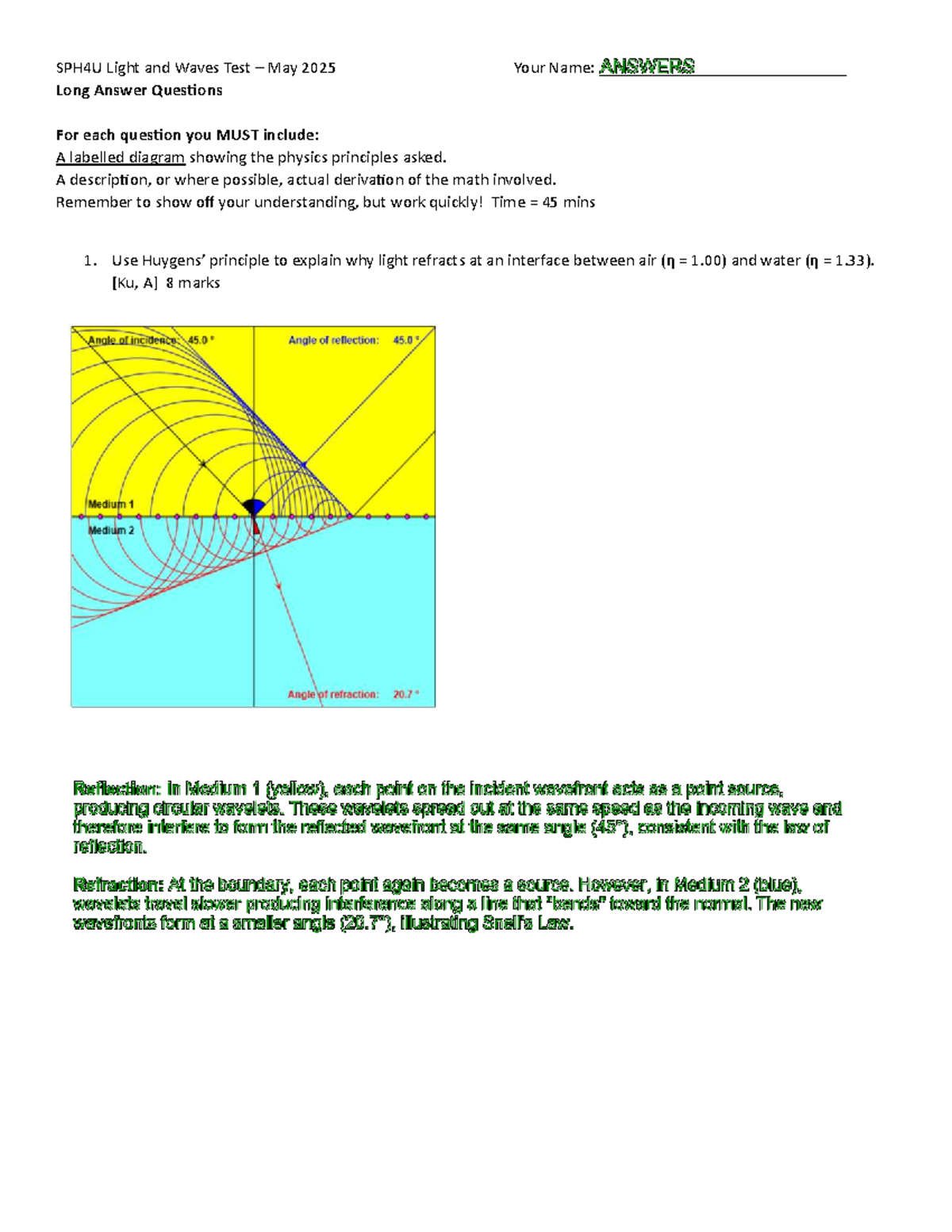 SPH4U Light and Waves Test May 2025 Long Answer Solutions - Studocu