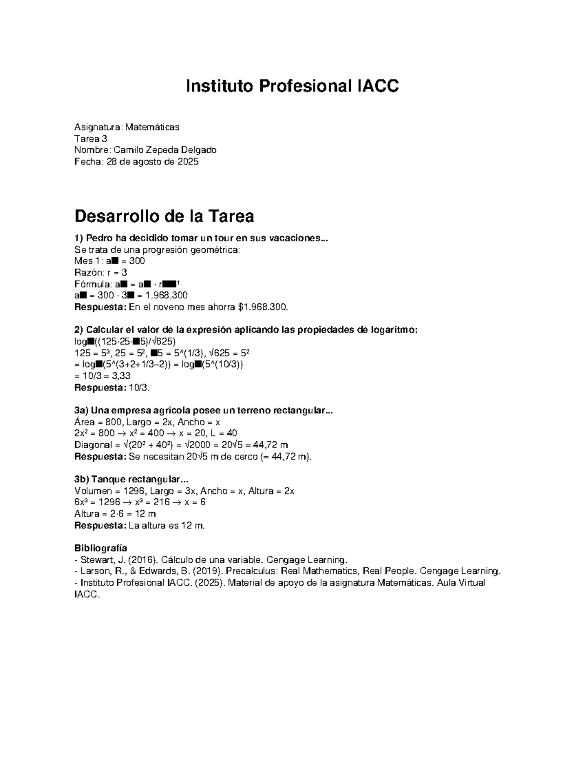 Tarea 3 de Matemáticas - Instituto Profesional IACC - Studocu
