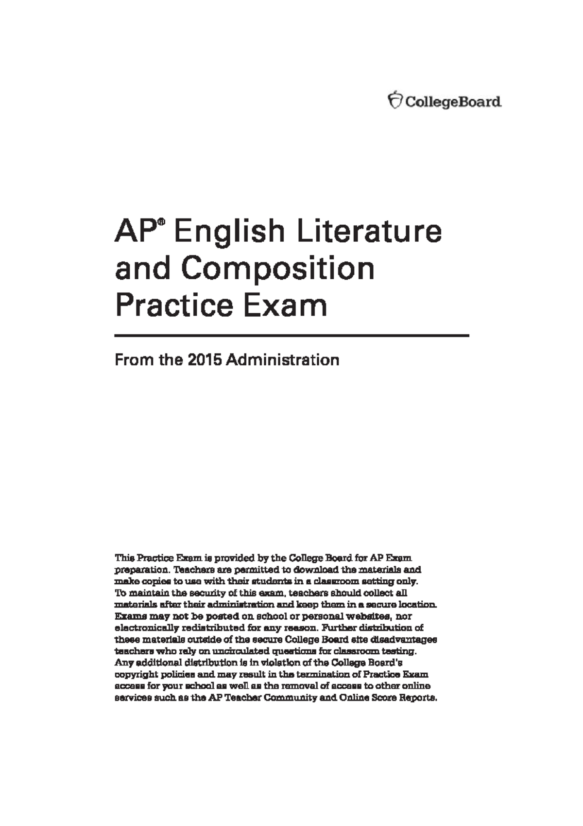 AP English Literature & Composition 2015 Practice Exam Questions - Studocu